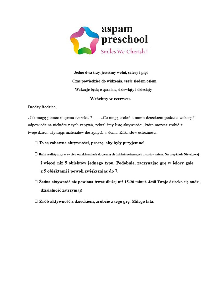 Praca Domowa Na Wakacje Dla Przedszkola | PDF