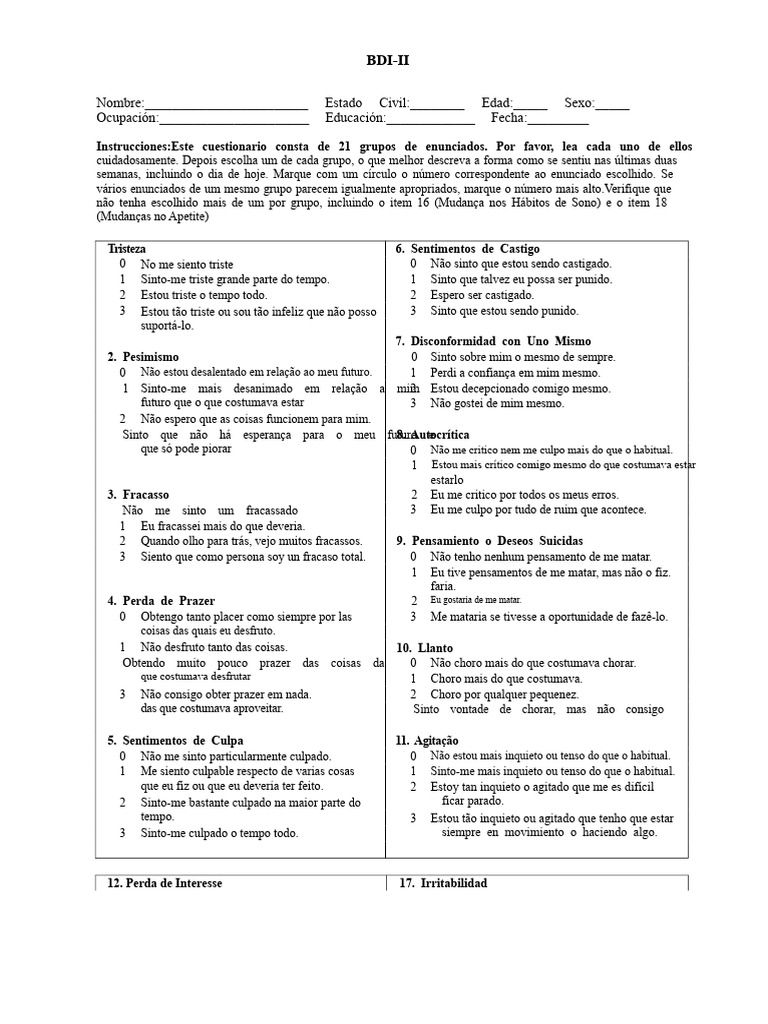 Beck-II Protocolo e Tabelas | PDF | Depressão | Psicologia