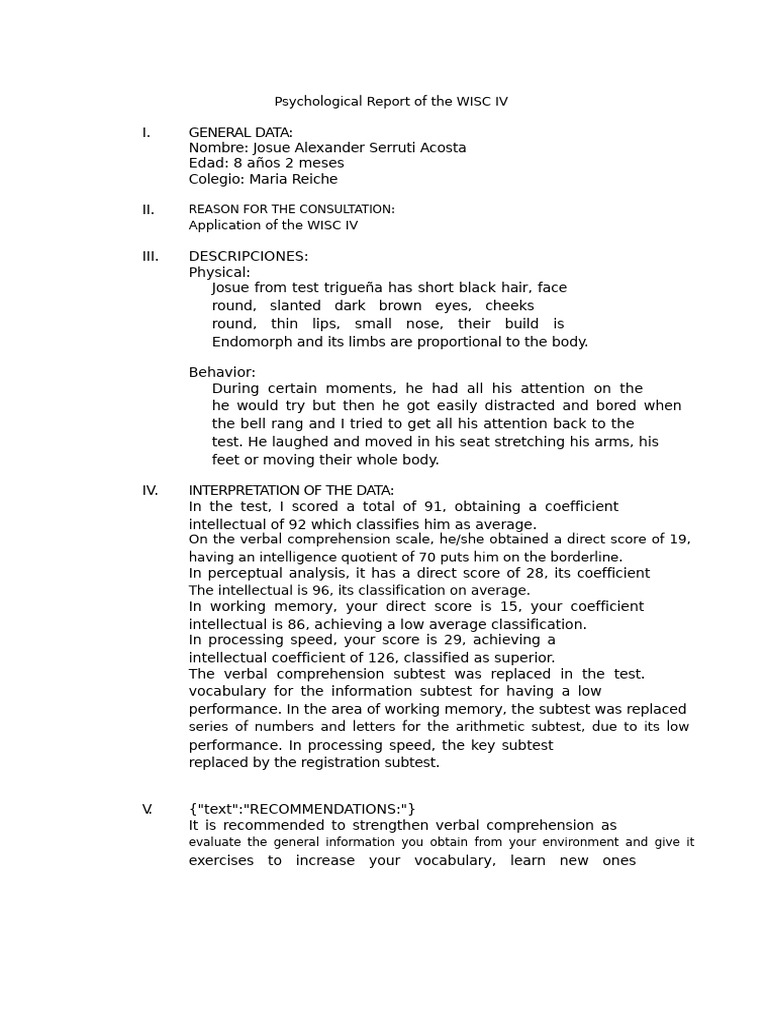 Psychological Report of The WISC IV | PDF | Reading Comprehension ...