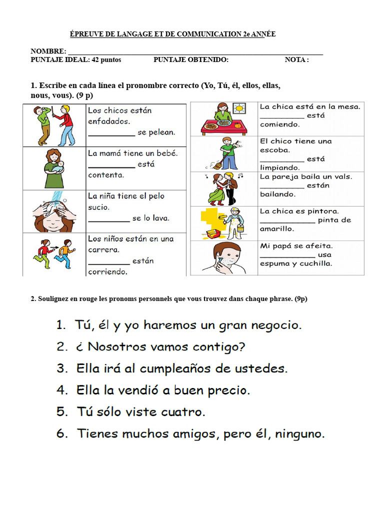 Épreuve de Langage 2e Année : Pronoms et Verbes | PDF | Verbe | Sémantique