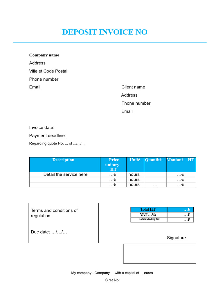Deposit Invoice Template Blue | PDF