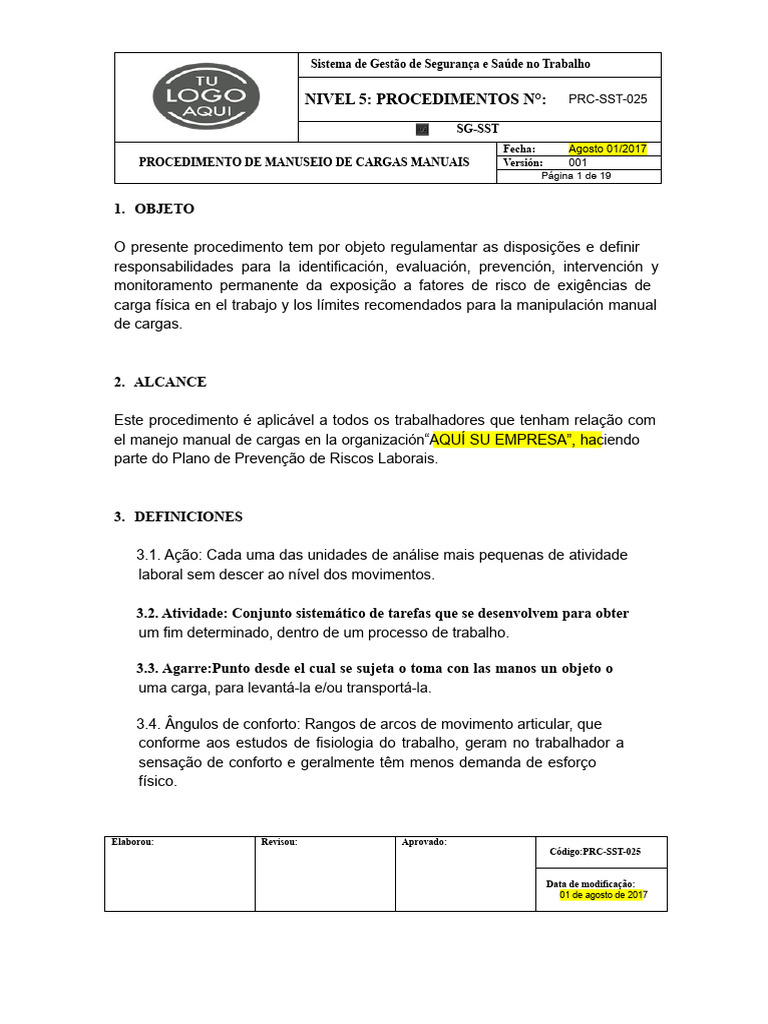 Procedimento de Manuseio de Cargas Manuais | PDF | Gravidez | Ferimento