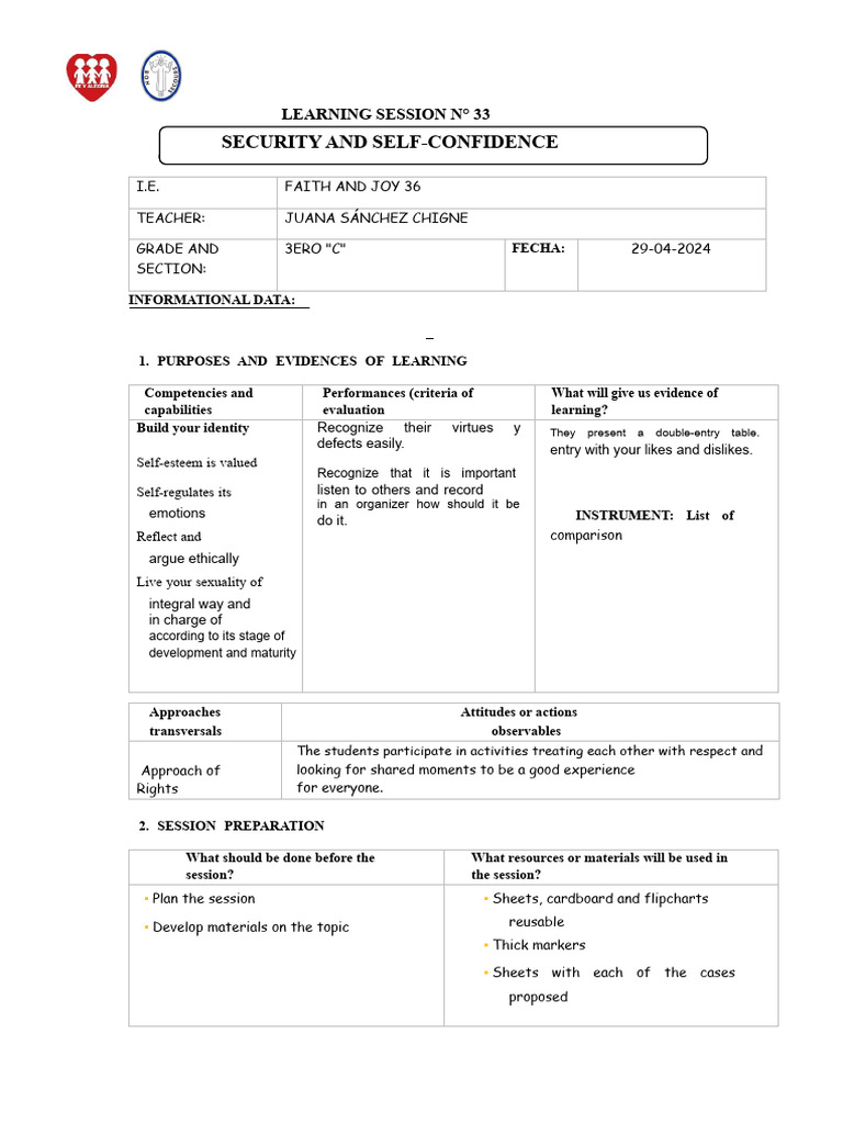 SESSION No. 33 - SECURITY AND SELF-CONFIDENCE - PERSON | PDF | Self Esteem | Psychological Concepts