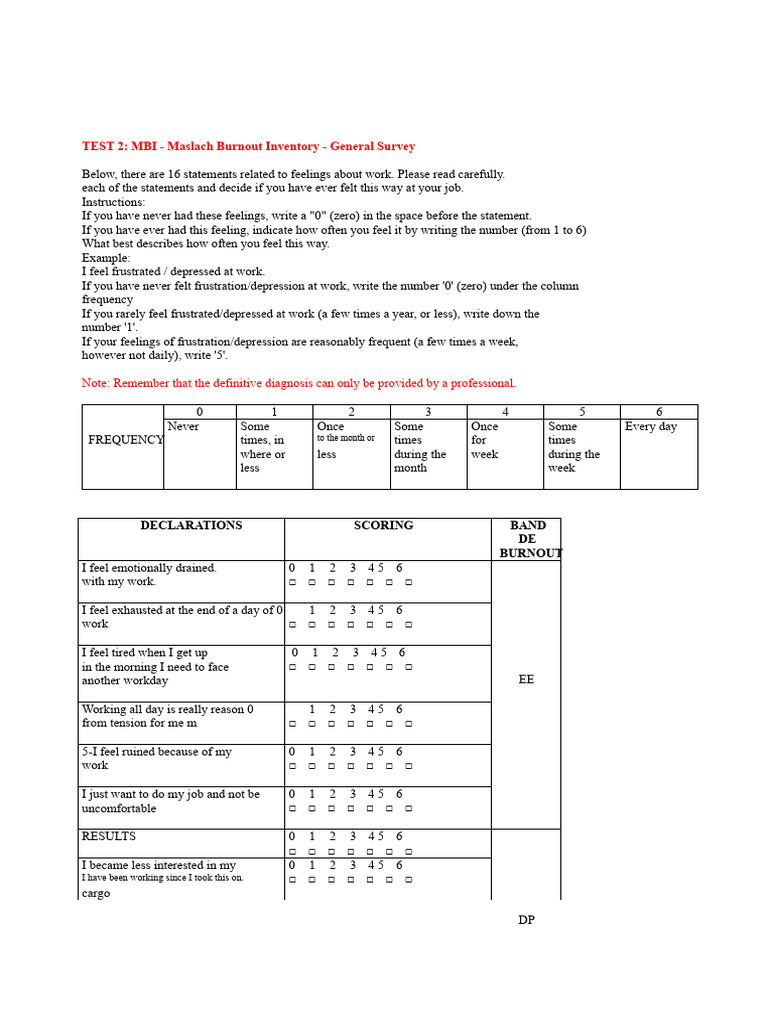 Mbi Test - Maslach Burnout Inventory | PDF | Occupational Burnout ...