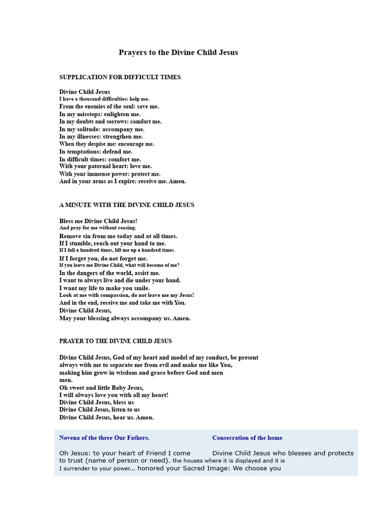 Prayers to the Divine Child Jesus | PDF | Prayer | Jesus