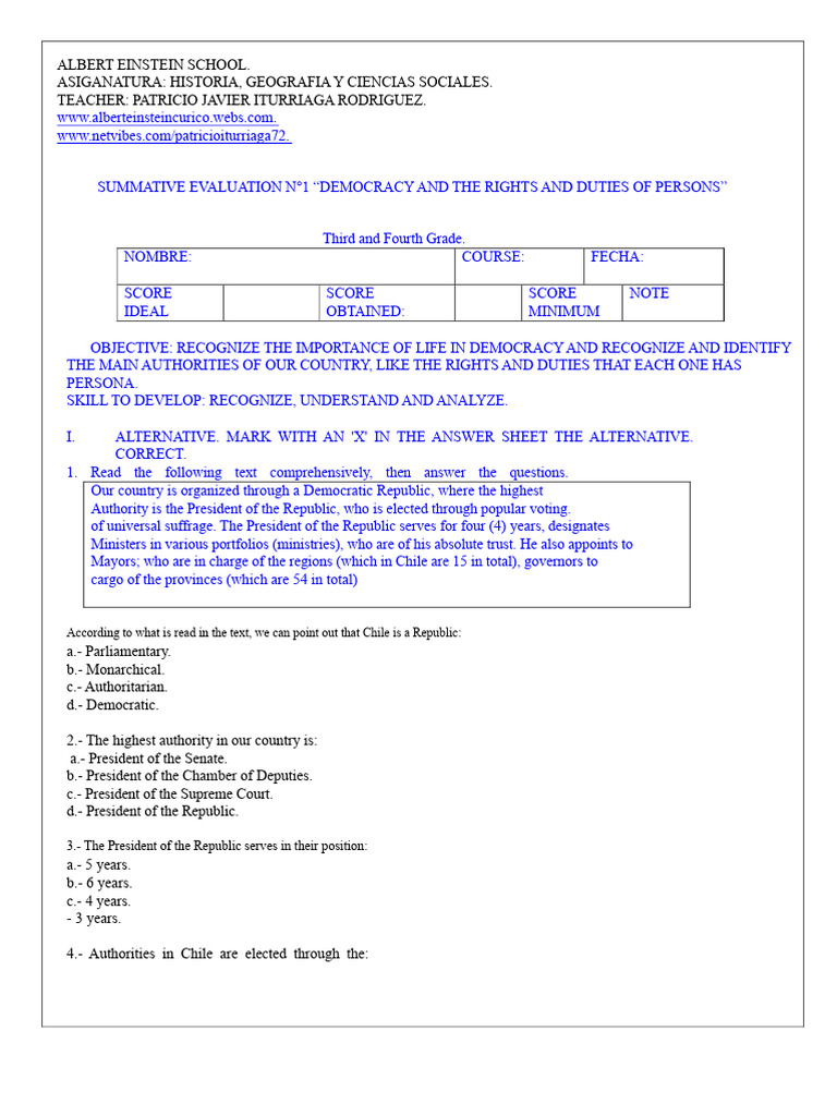 Democracy History Test For Third and Fourth Grade | PDF | Judiciaries ...