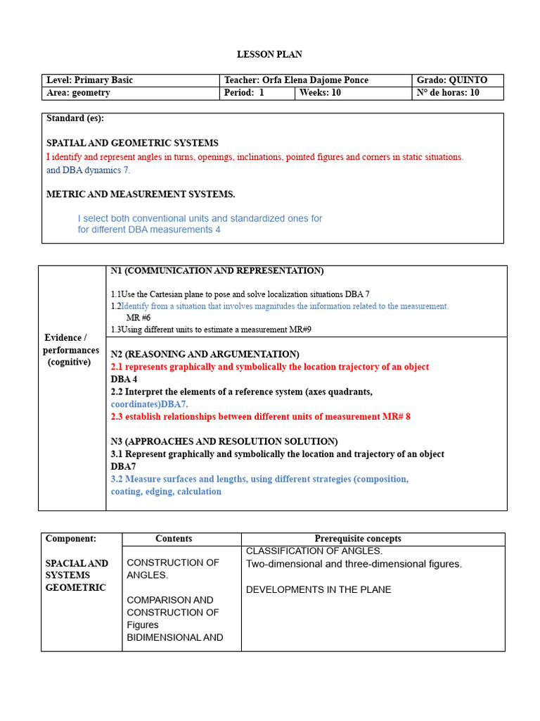 CLASS PLAN GEOMETRY 5th GRADE 1ST TERM | PDF | Cartesian Coordinate ...