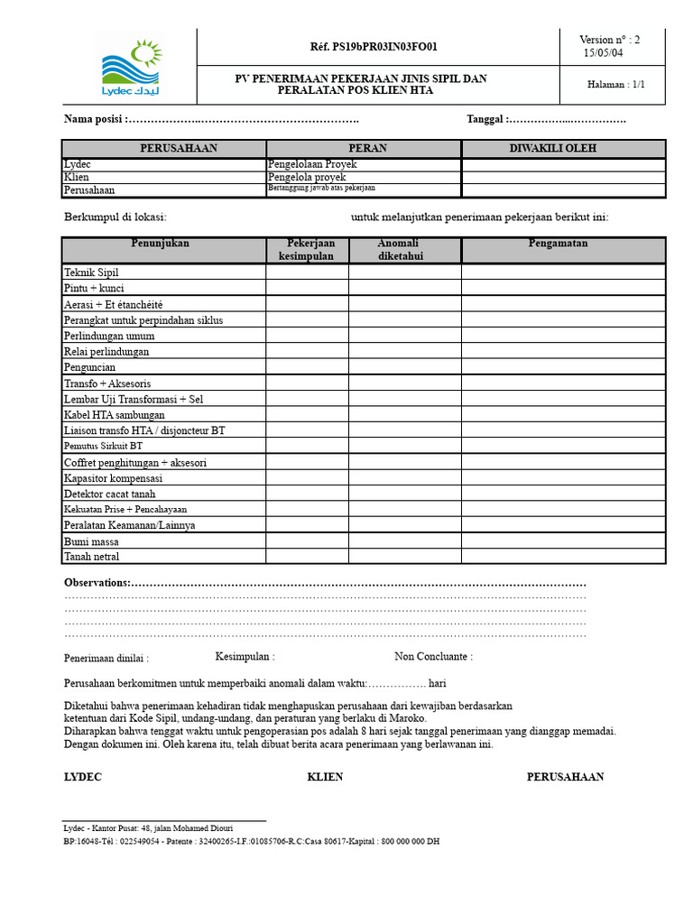 Model PV Penerimaan - Pekerjaan Dan Peralatan | PDF