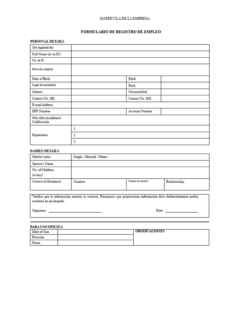 Formulario de Registro de Empleo Empresarial | PDF