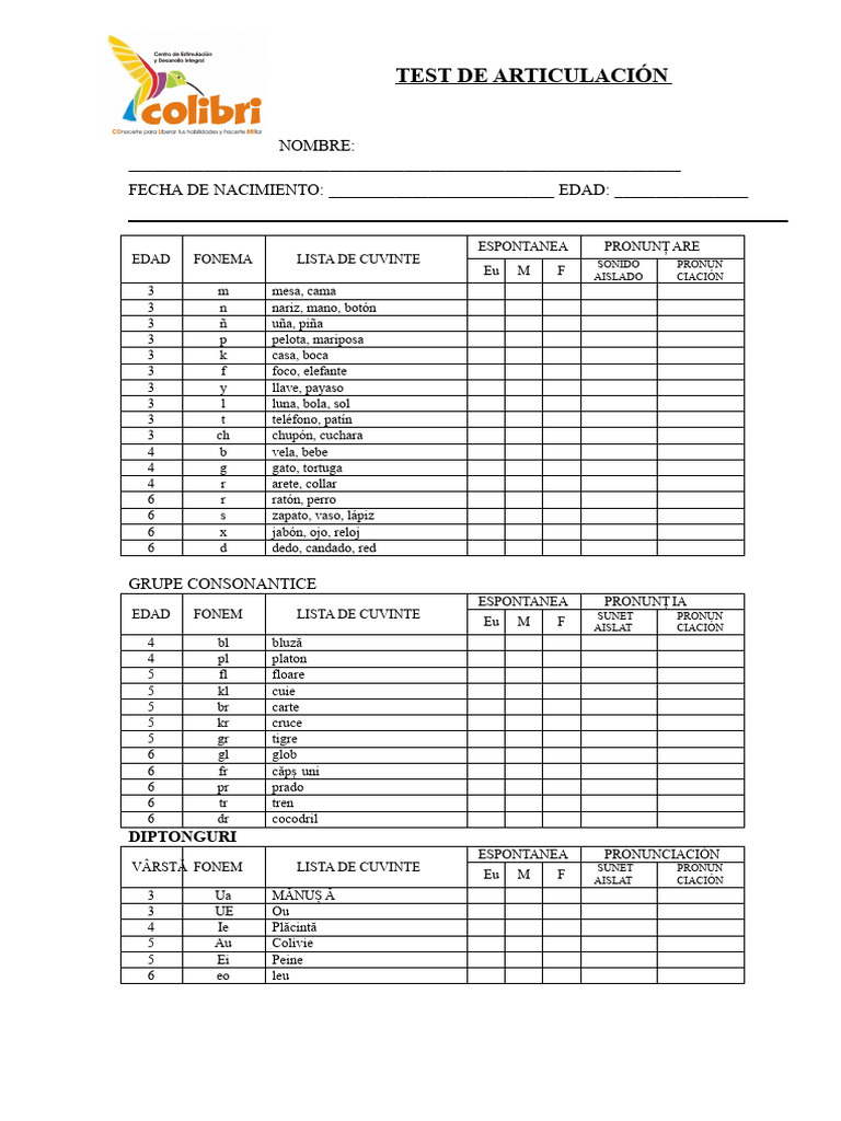 Test de Articulación y Pronunciación | PDF