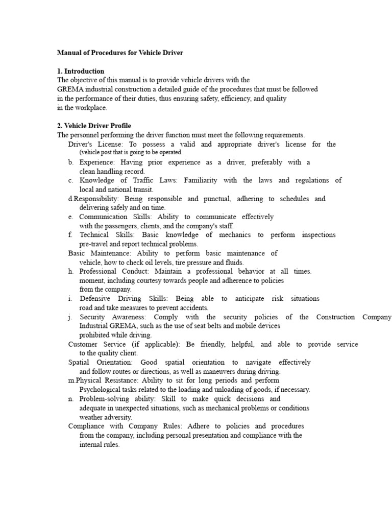 Vehicle Driver Procedures Manual | PDF | Driving | Safety