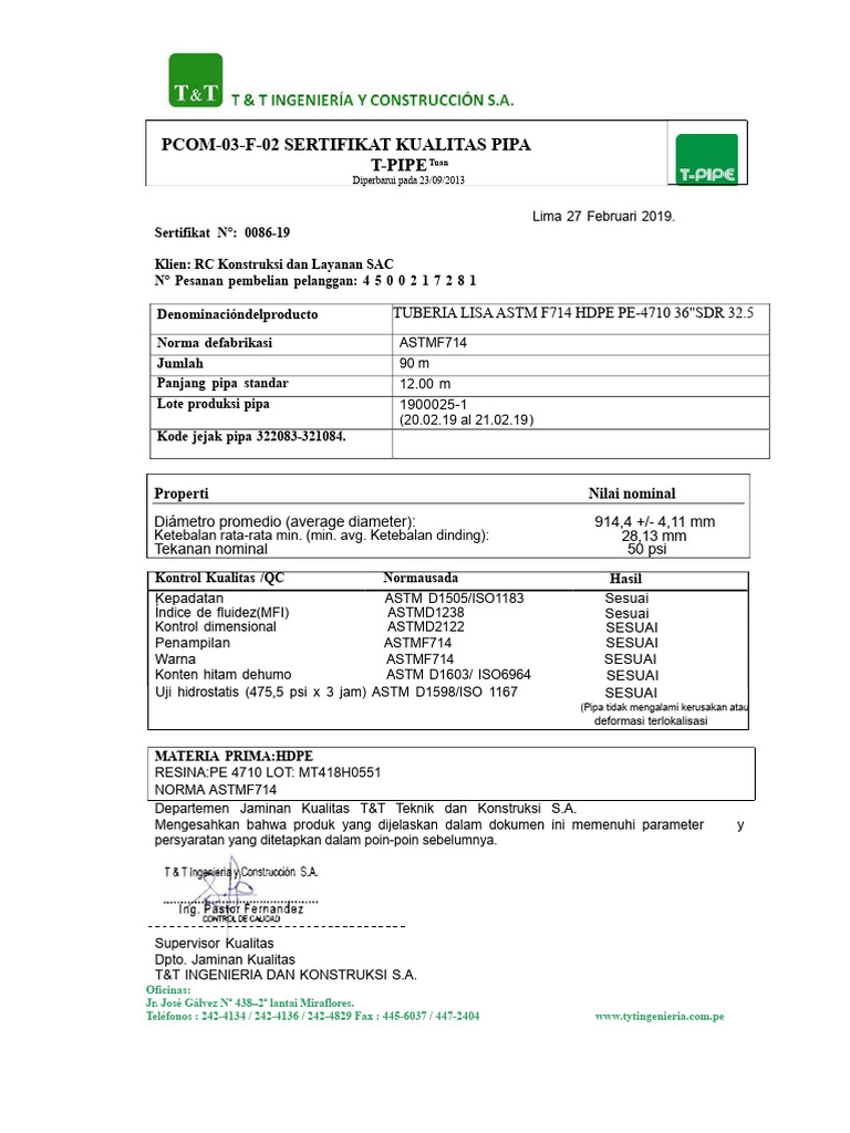 Sertifikat Kualitas Pipa HDPE T-PIPE - 36 Inci SDR 32,5 PE 4710 PDF | PDF