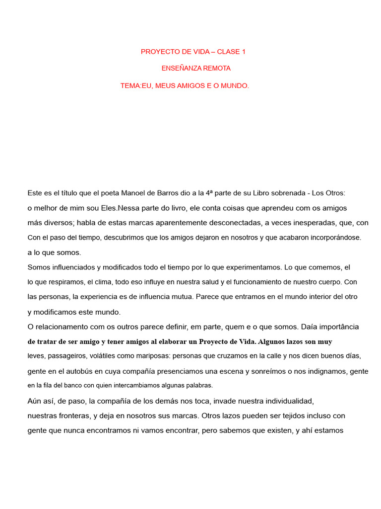 PROYECTO DE VIDA - Clase 1 - Yo, Mis Amigos y El Mundo | PDF