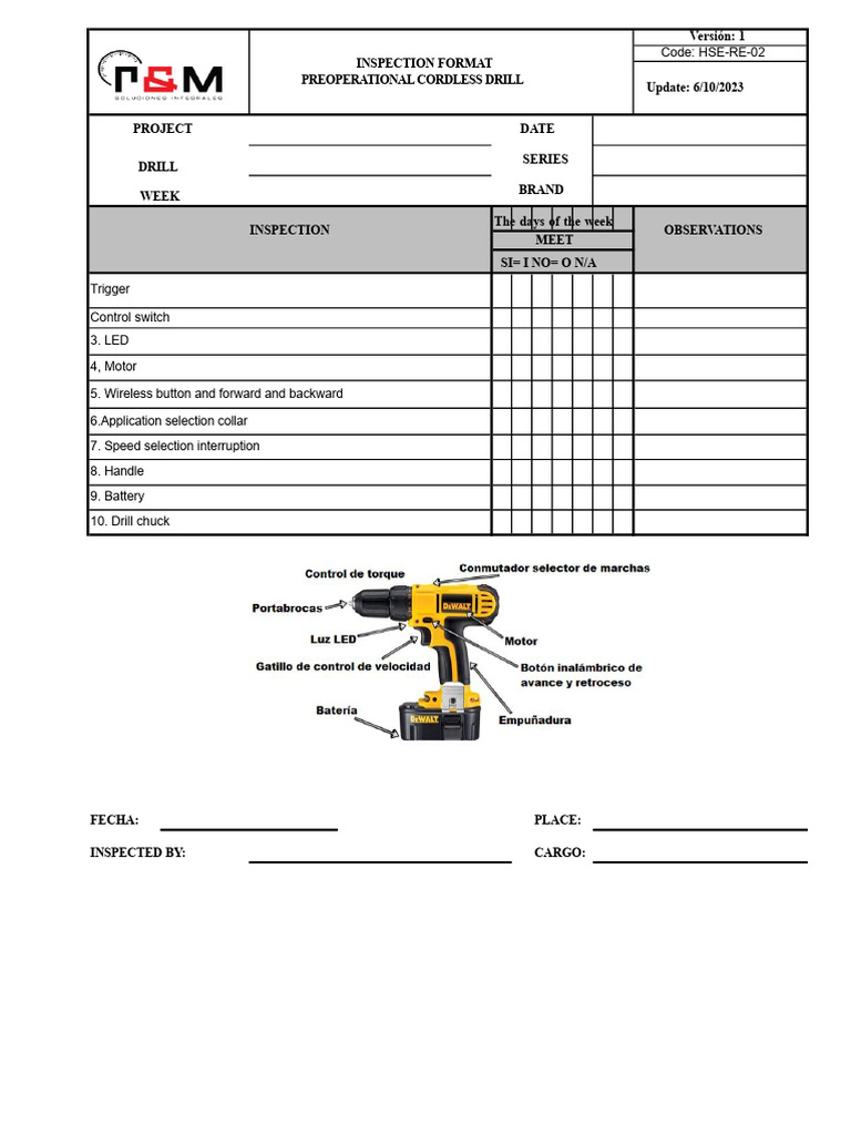 Cordless Drill Preoperational Inspection Form | PDF