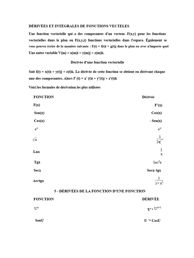 Dérivées Et Intégrales de Fonctions Vectorielles | PDF | Fonction ...
