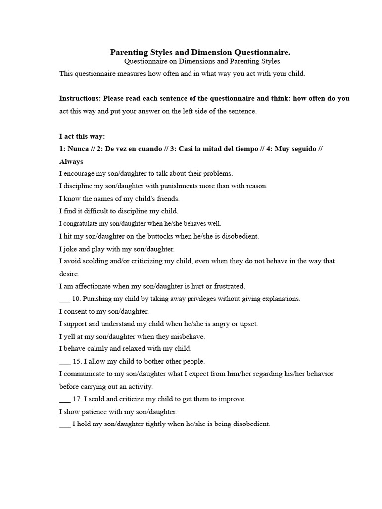 Parenting Styles Questionnaire Guide | PDF | Parenting | Behavioural ...