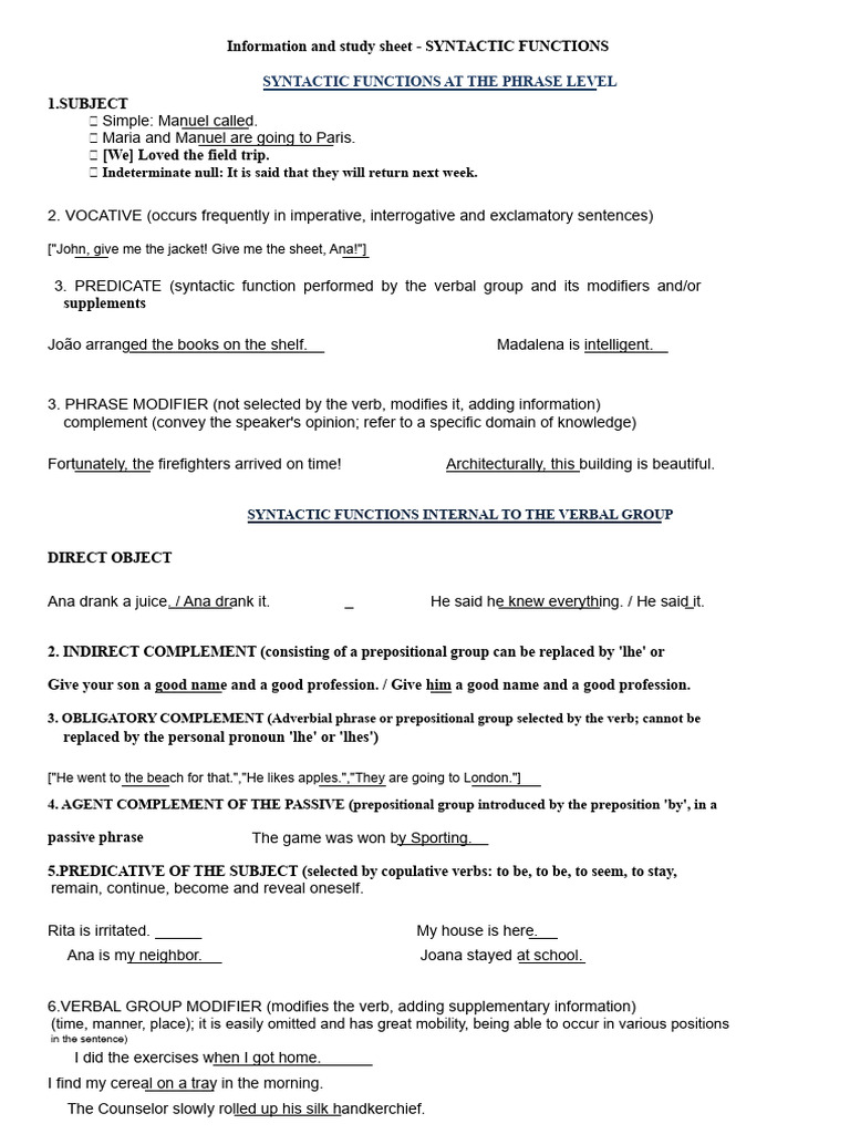 Syntactic Functions Study Guide | PDF | Subject (Grammar) | Verb