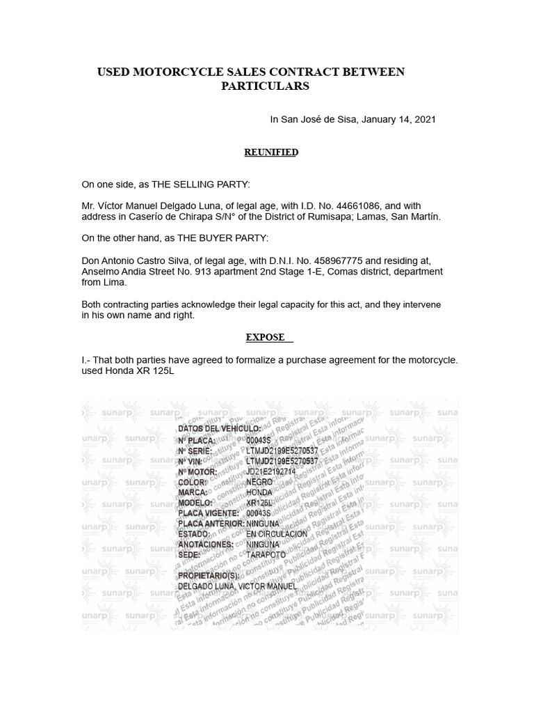 Used Motorcycle Sales Contract Template | PDF | Business Law | Justice
