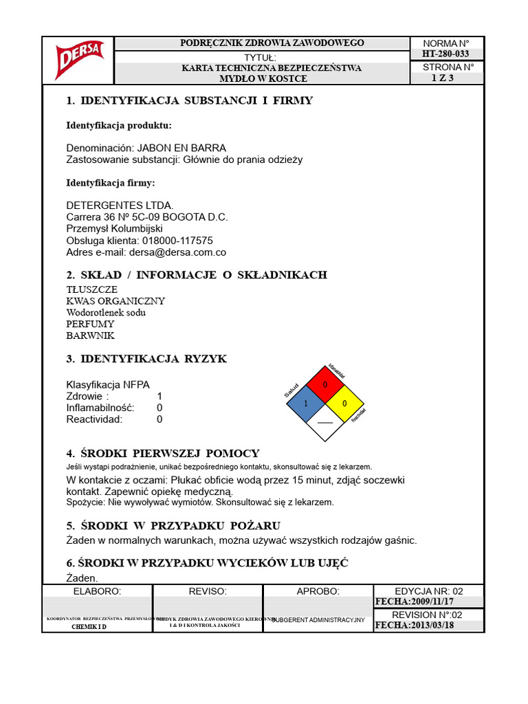 Msds Mydło w kostce Rey | PDF