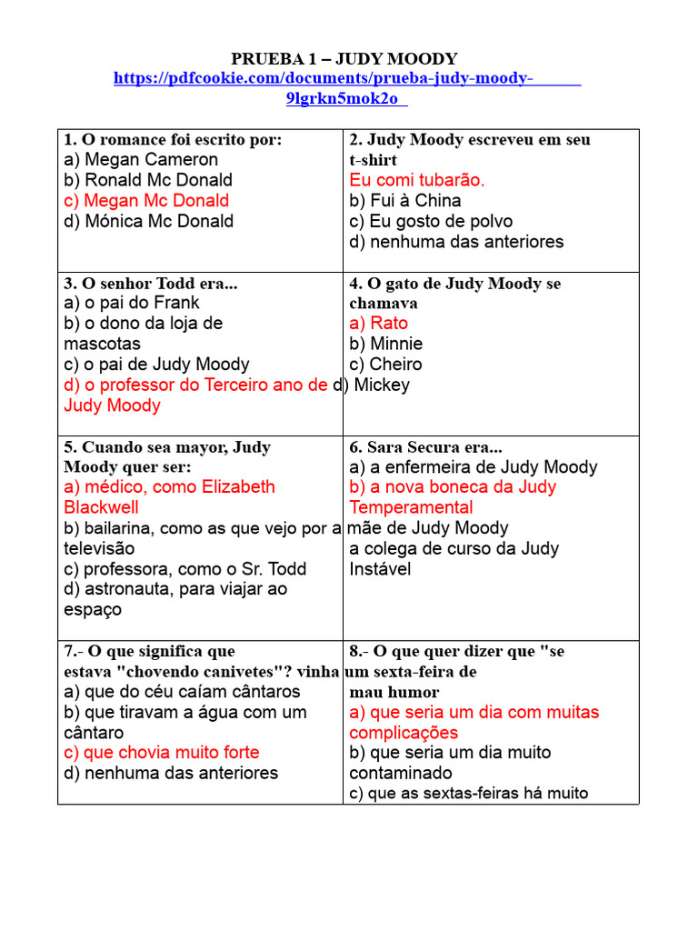 Quiz sobre Judy Moody e seus amigos | PDF