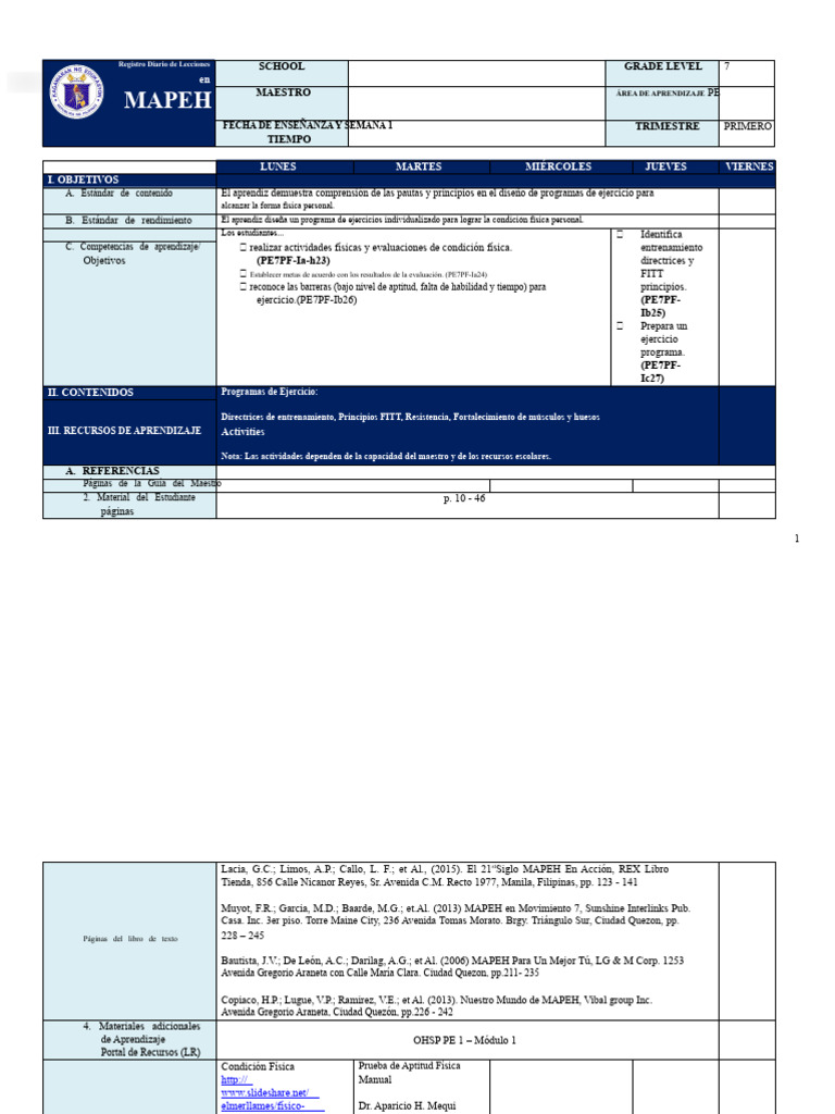Grado 7 PE DLL Semana 1 | PDF | Aptitud física | Aprendizaje