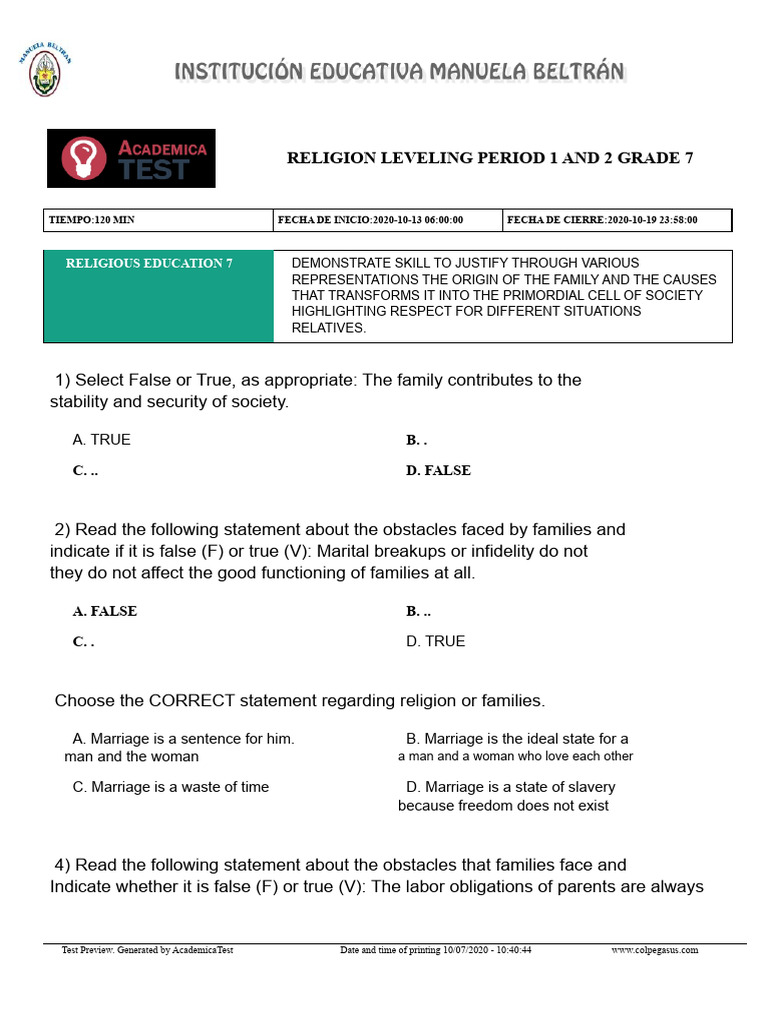 Religion Leveling Seventh Grade Periods 1 and 2 | PDF | Family | Marriage