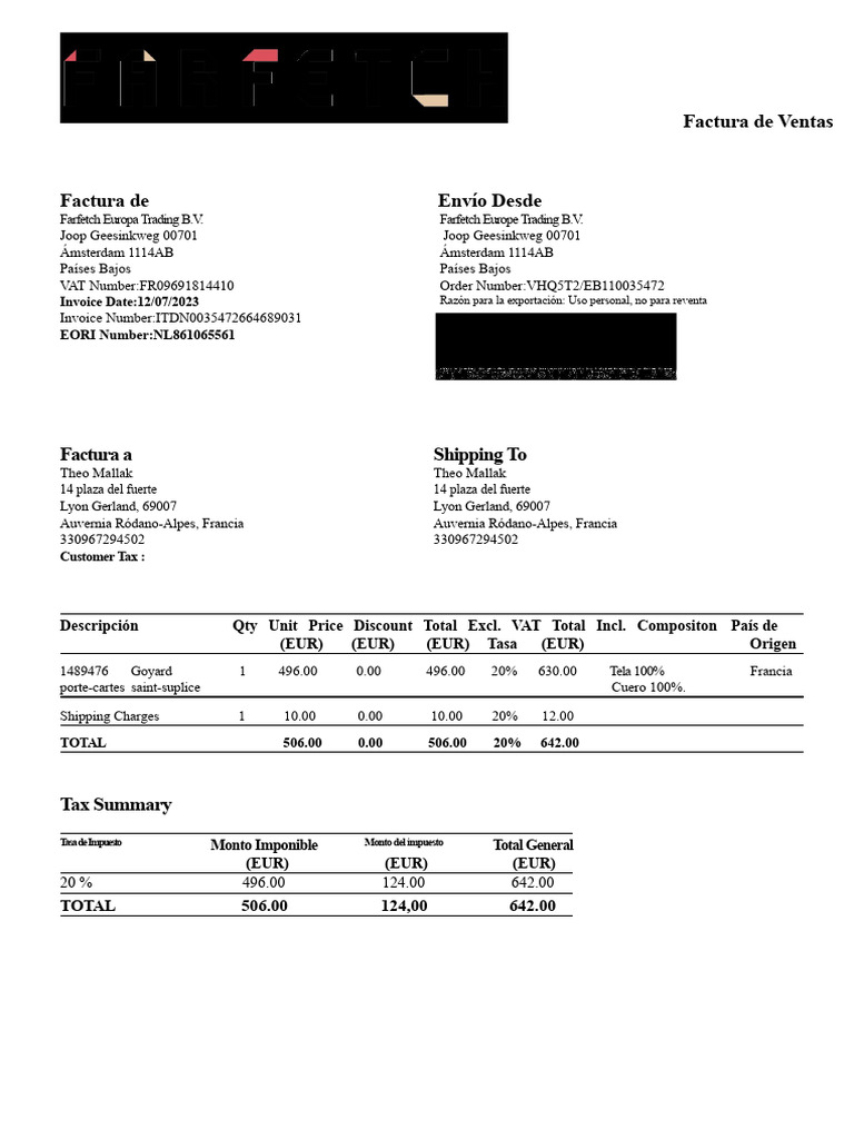 Factura Farfetch cartera Goyard | PDF