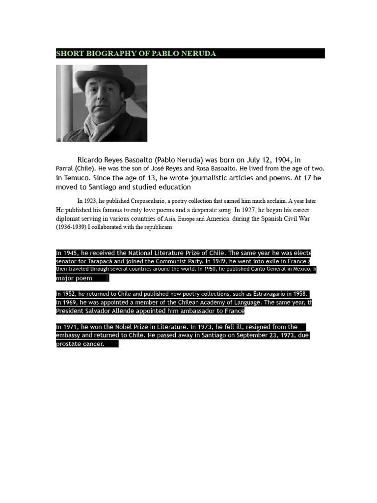 Pablo Neruda: A Brief Biography | PDF
