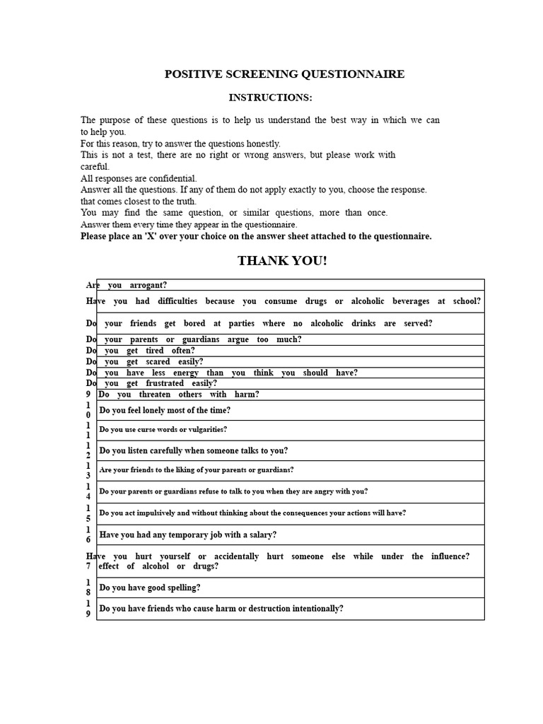 Positive Screening Questionnaire Guide | PDF | Alcoholism | Drink