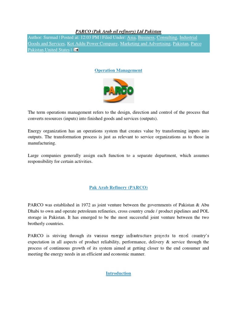 PARCO (Pak Arab Oil Refinery) LTD Pakistan: Operation Management | PDF ...