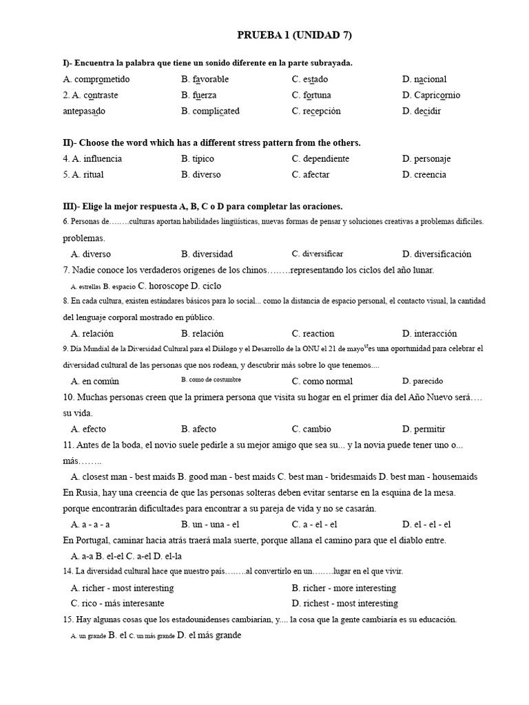 Unidad 7 - Prueba 1 | PDF | Té | Boda