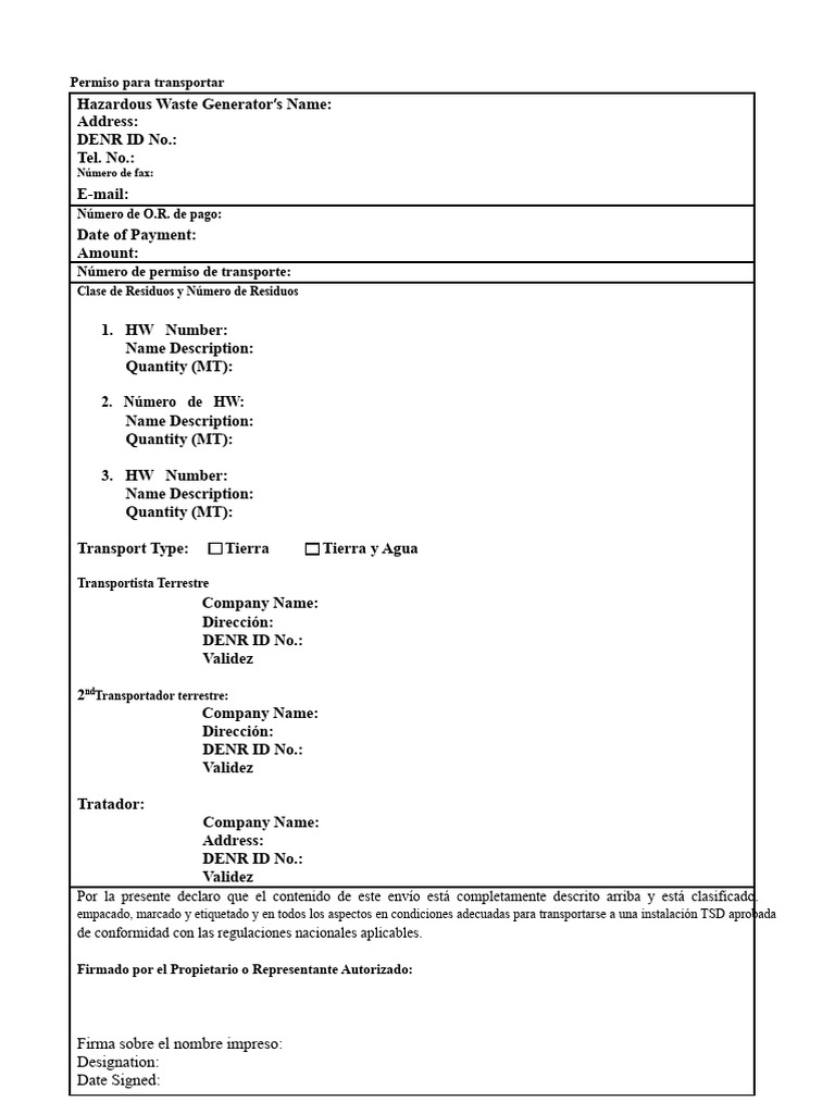 Formulario PTT - Permiso de la DENR para Transportar Residuos Peligrosos | PDF