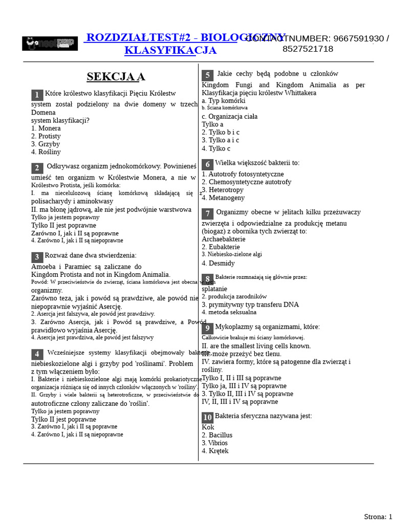 Test Rozdziału # 2 Klasyfikacja Biologiczna BIO Prodigy Test Series | PDF