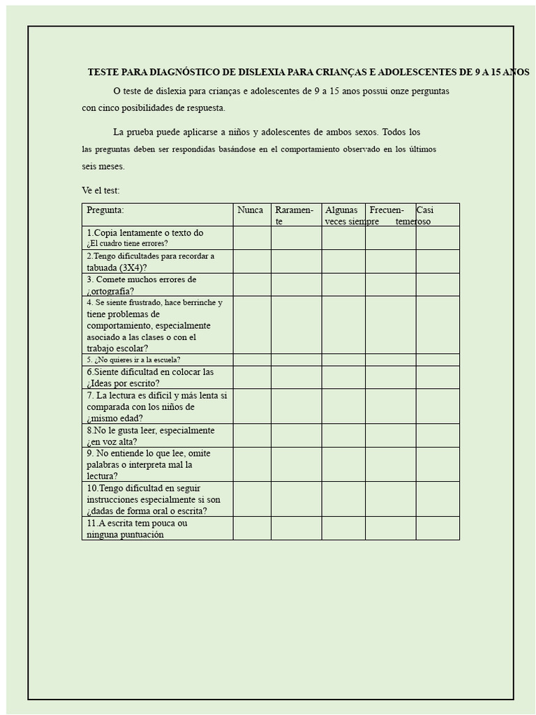 Test - Para-Diagnóstico-De-Dislexia-Para - Niños y Adolescentes de 9 A ...