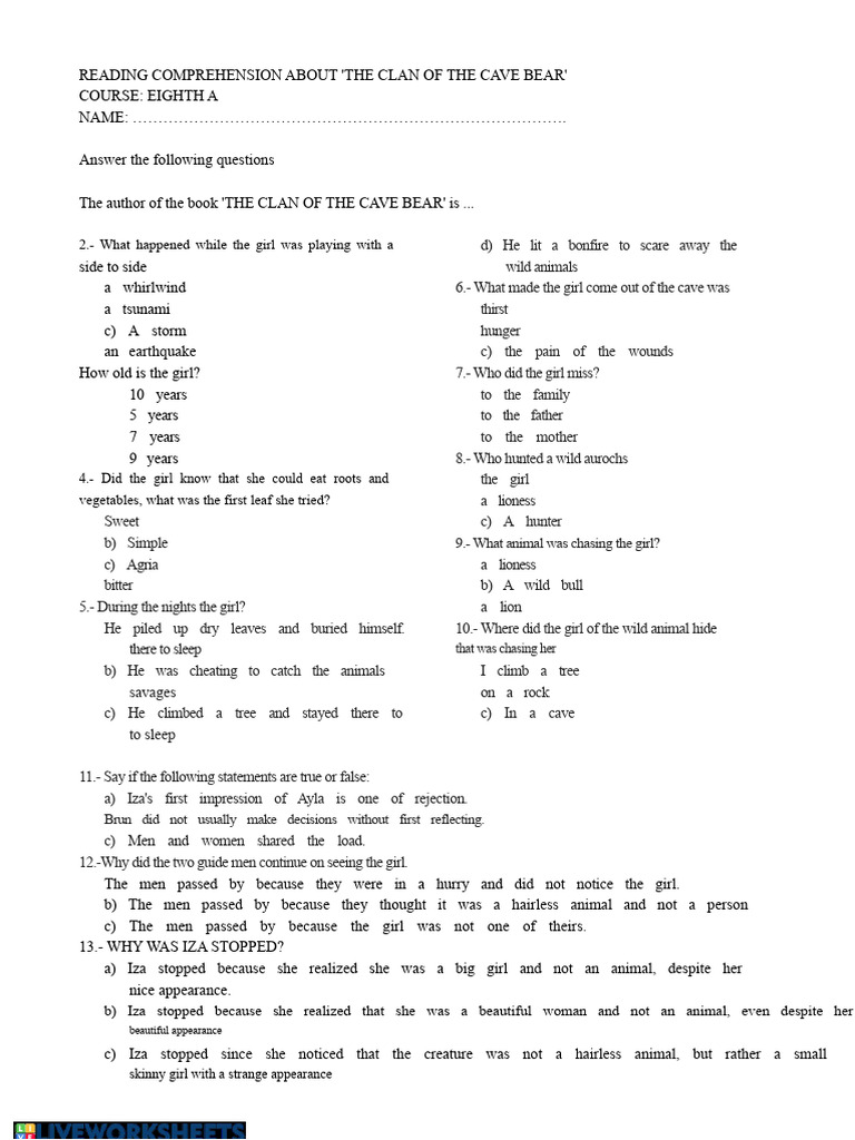 Clan of the Cave Bear Comprehension Quiz | PDF