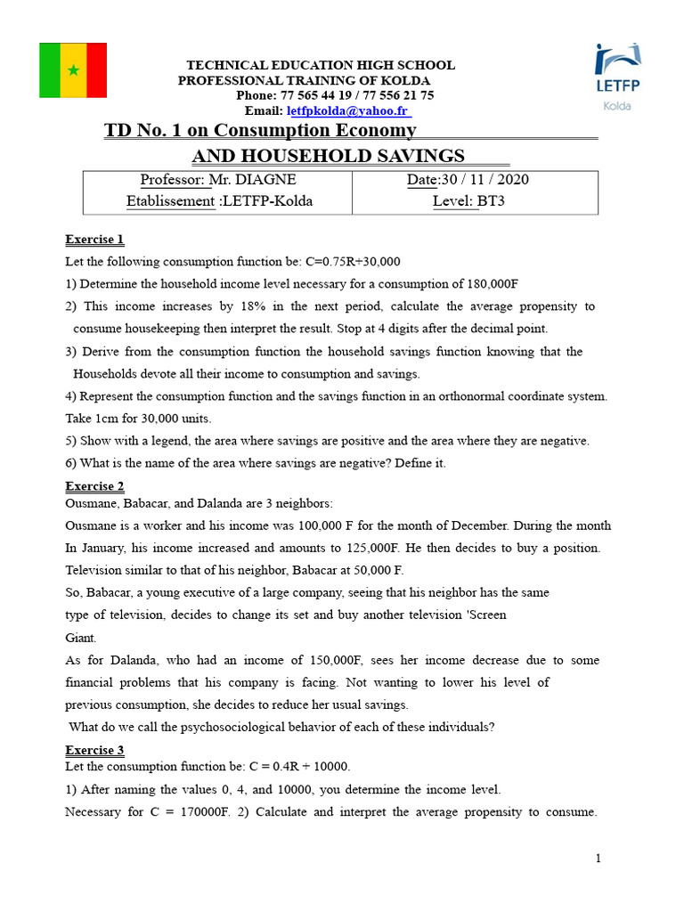 TD N°1 On Consumption and Savings BT3 | PDF | Consumption (Economics ...