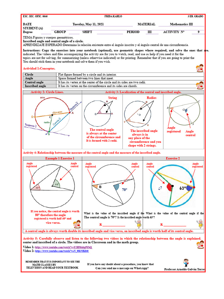 Act - 9 - 3rd Grade - Inscribed and Central Angle | PDF | Circle | Angle