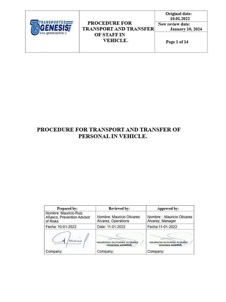 Procedure For Transportation and Transfer of Personnel in Vehicle ...