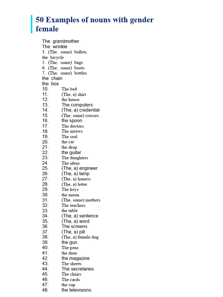 50 Gendered Noun Examples List | PDF | Grammatical Gender | Vocabulary
