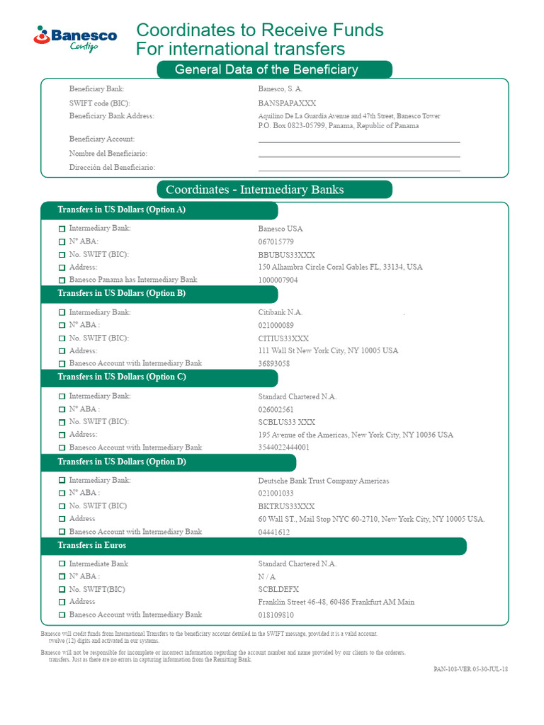 Intermediary Bank Details for Transfers | PDF | Banks | Banking Technology