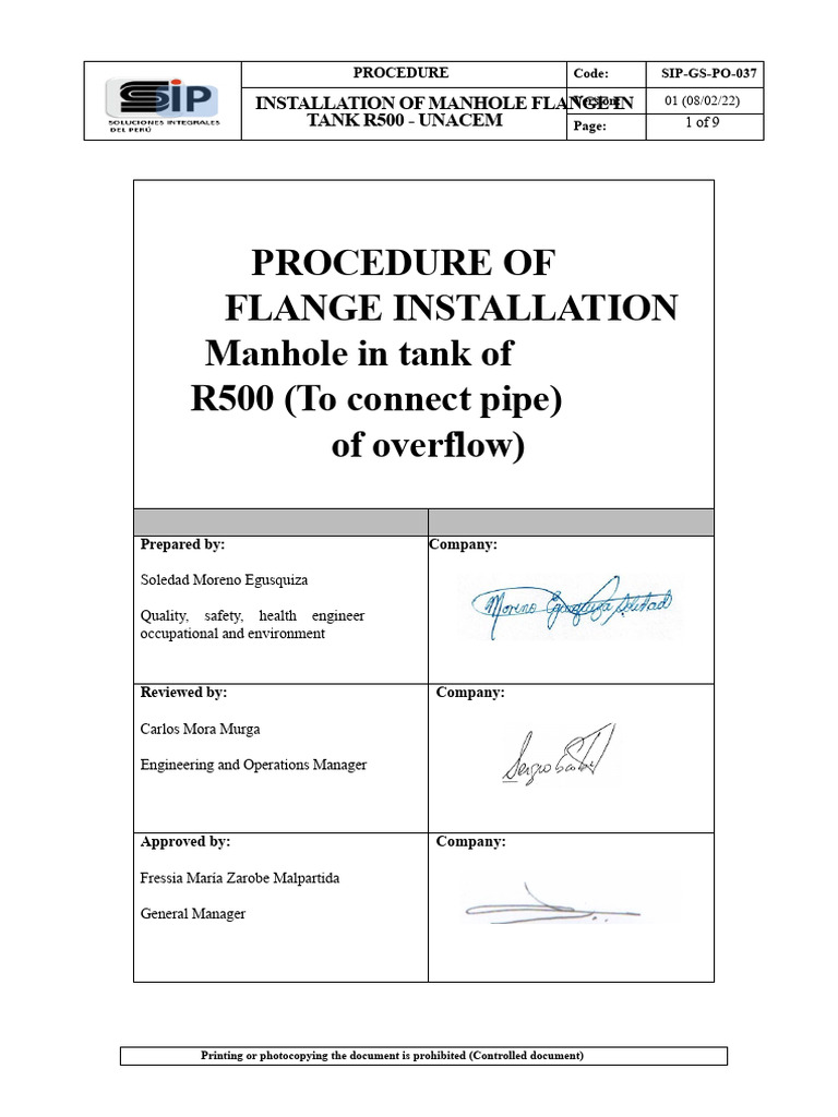 SIP-GS-PO-037 Procedure for installing flange-manhole on tank R500 ...