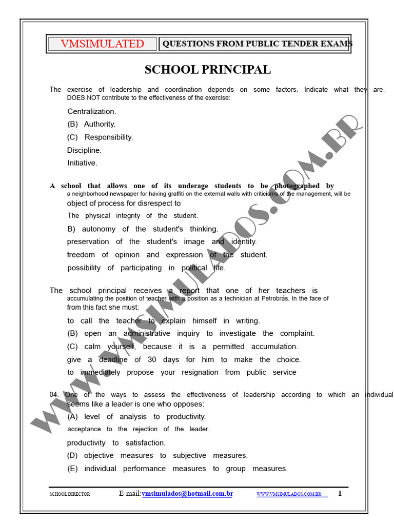 School Principal Exam | PDF | Leadership | Behavioural Sciences