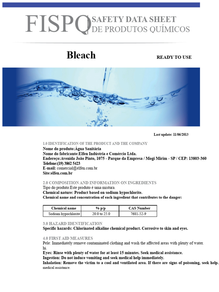 Safety Data Sheet for Bleach | PDF | Bleach | Chlorine
