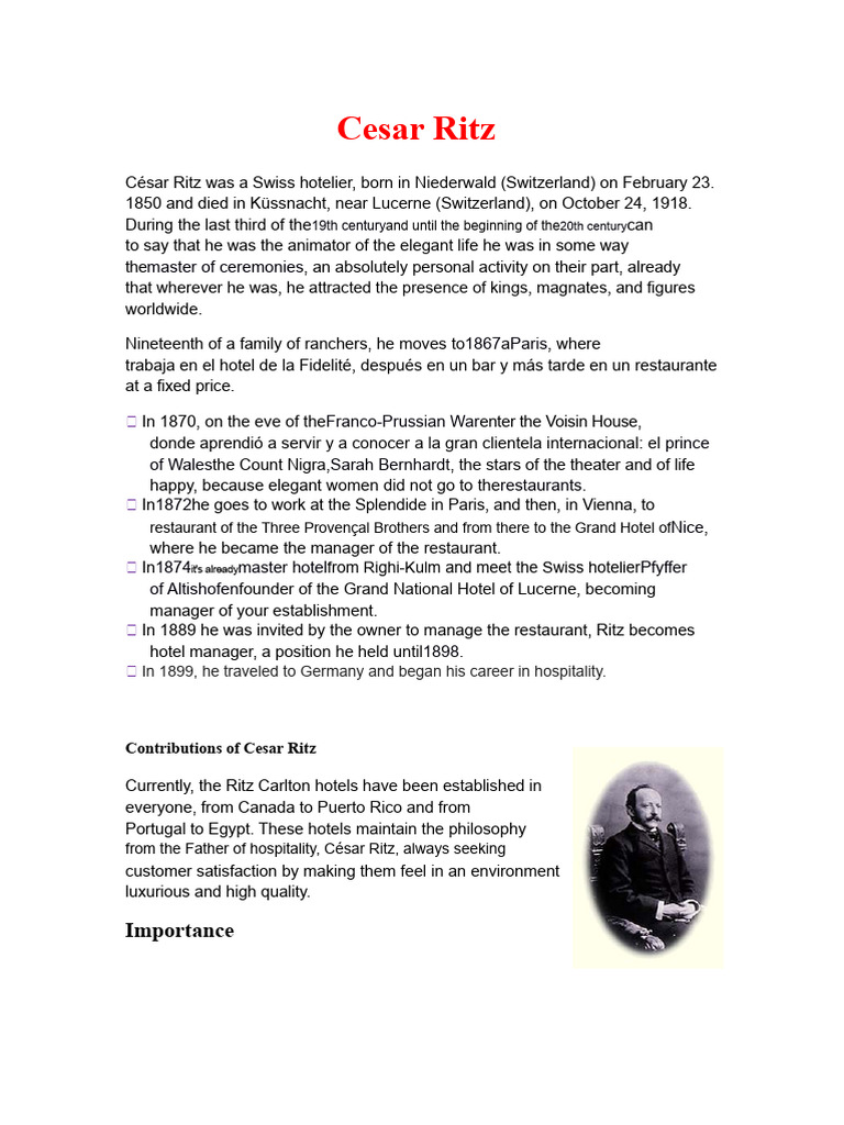 biography of Cesar Ritz.docx | PDF | Hotel | Hospitality Industry