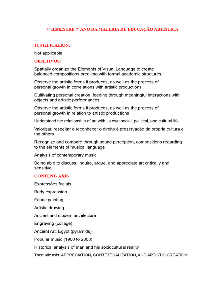 4th BIMESTER 7th GRADE OF ART EDUCATION SUBJECT | PDF | The Arts | Learning