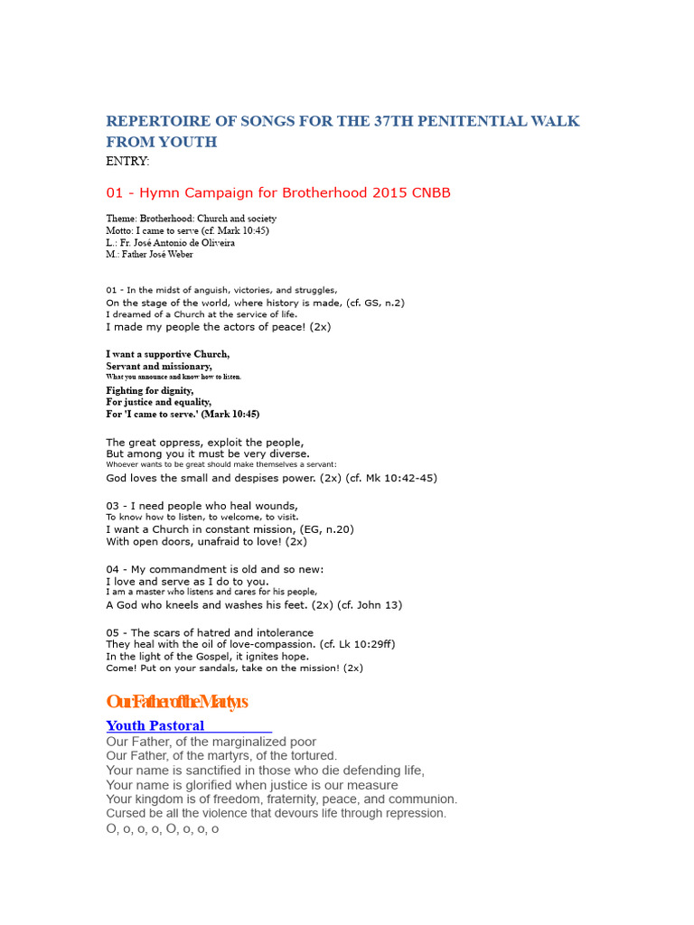 Repertoire of Songs For The 37TH Penitential Walk of Youth | PDF ...