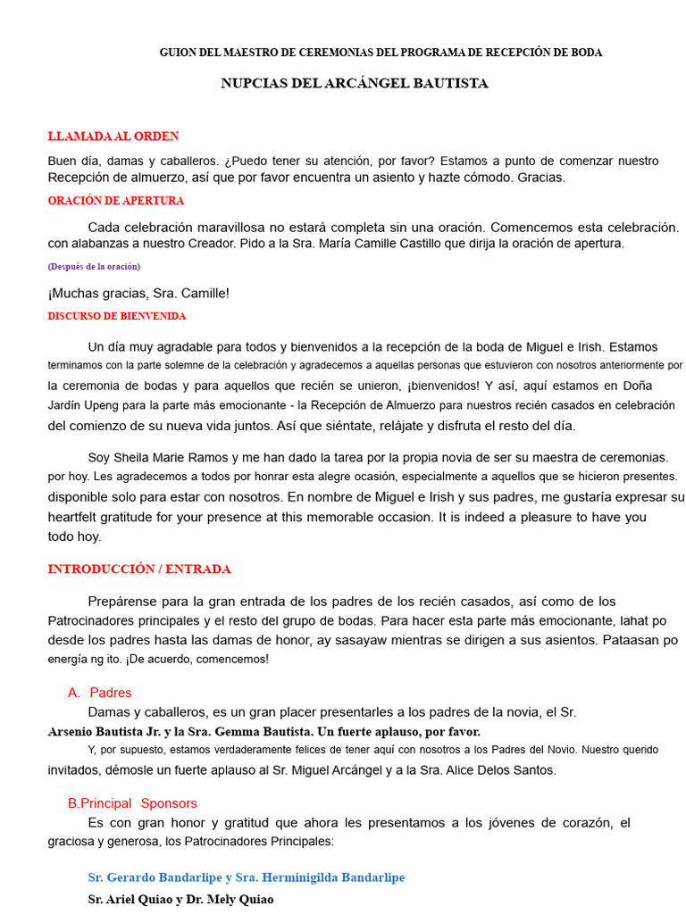 Programa de Recepción de Boda - Guion Del Presentador | PDF | Boda