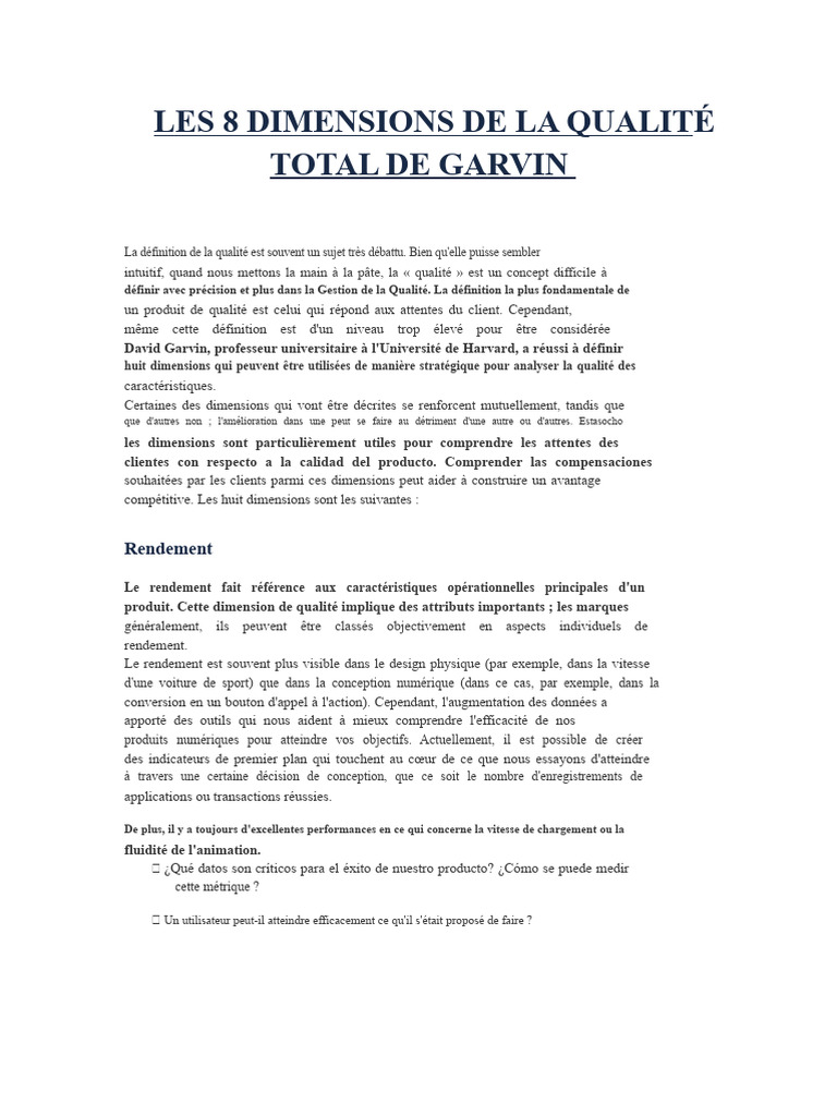 8 Dimensions de la Qualité selon Garvin | PDF | Management de la ...