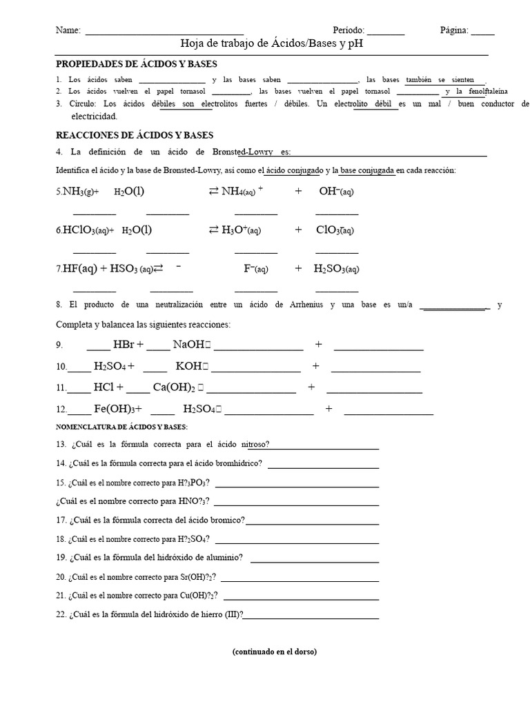 Hoja de trabajo sobre ácidos, bases y pH | PDF | Ácido | Ph