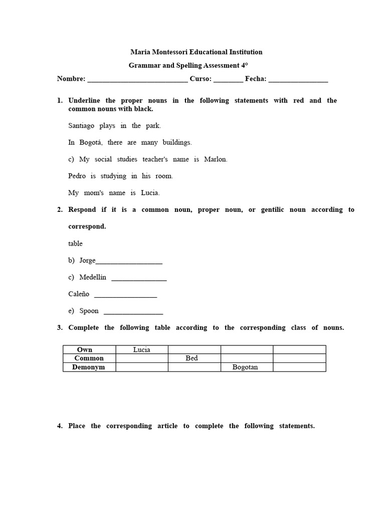 4th Grade Evaluation Grammar and Spelling | PDF | Noun | Word